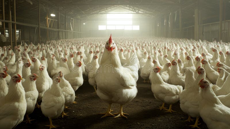 A Large Flock of White Chickens are Gathered Inside a Barn with One ...