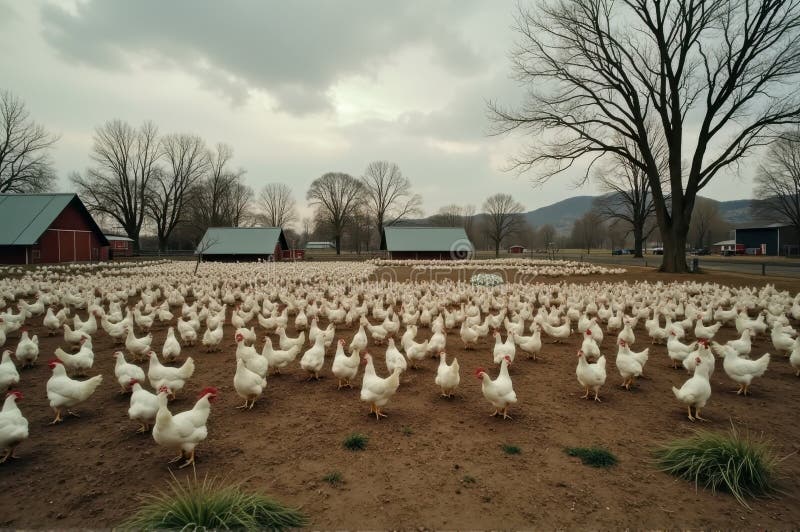 Large Flock of White Chickens in Rural Farm Setting Under Cloudy Sky ...