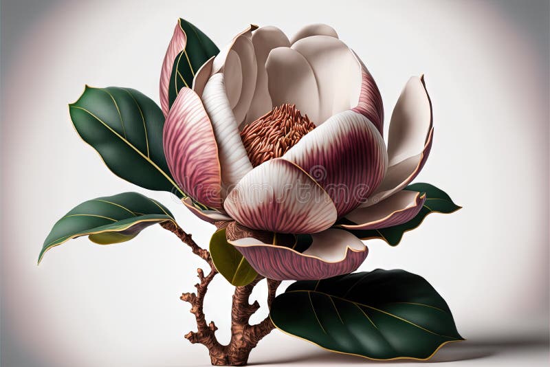 A Large Flower with Green Leaves on a White Background with a Shadow of ...