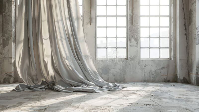 A Large, Flowing White Curtain Hangs in Front of an Industrial Window ...