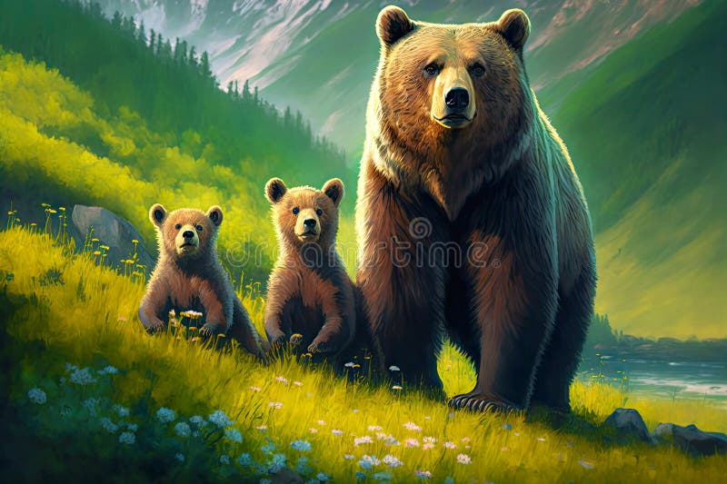 Large Fluffy Bear with Cubs on Green Slope Stock Illustration ...
