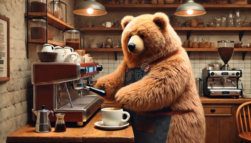 A Large Fluffy Bear Stands Behind a Coffee Bar Preparing an Espresso ...