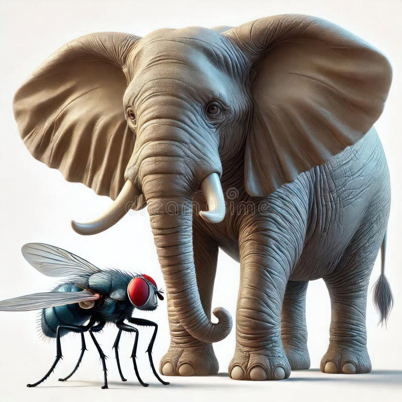 A Large Fly Next To a Standing Elephant. Space for Text. Stock Image ...
