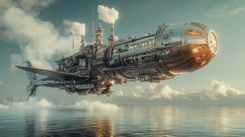 Large Flying Machine Hovering Above Water in Steampunk World Stock ...