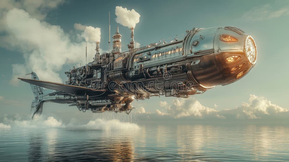 Large Flying Machine Hovering Above Water in Steampunk World Stock ...