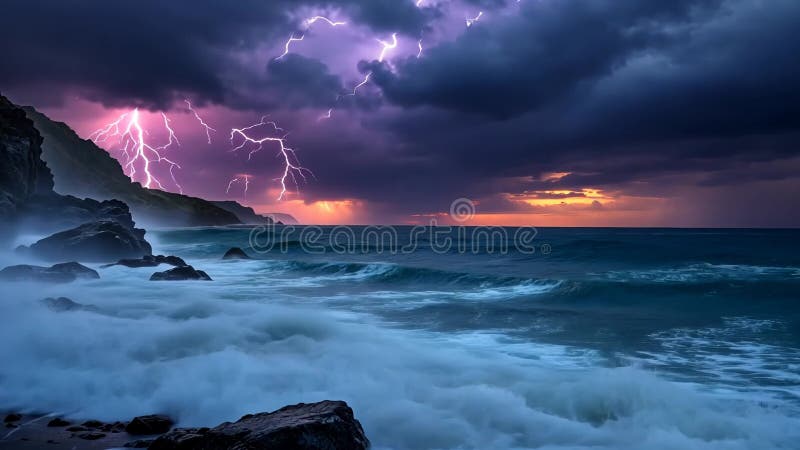 Dramatic Ocean Waves Crashing on Rocks during Lightning Storm Stock ...
