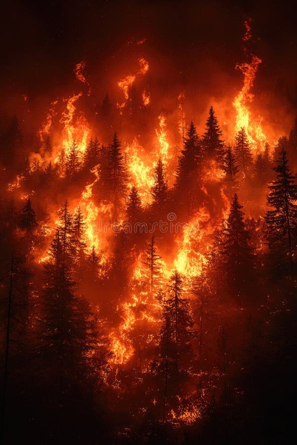 A Large Forest Fire Burning through the Trees with Flames and Smoke ...