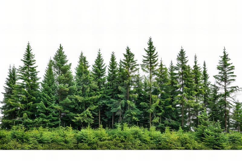 A Large Forest of Spruce Trees on the Edge, Isolated White Background ...