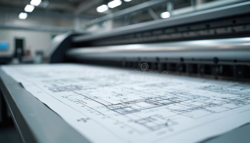 Large Format Plotter Printing Technical Drawing in Office. Blueprint Plan. Architectural Project ...