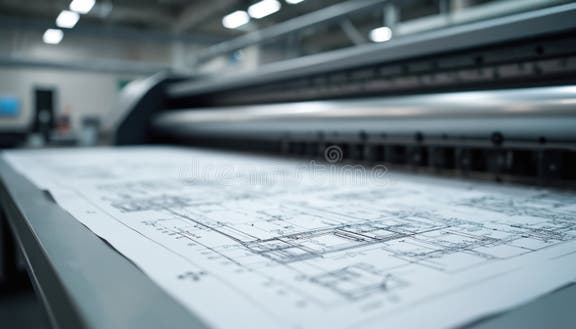 Large Format Plotter Printing Technical Drawing in Office. Blueprint ...