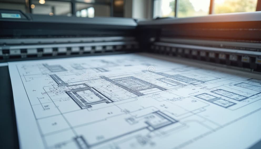 Large Format Printer Creating Detailed Architectural Plans. Precision Technology Drafts ...