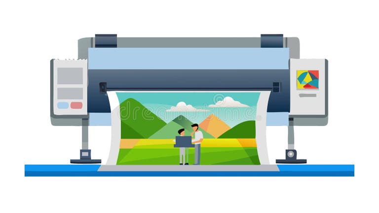 Large Format Printer Displaying a Vibrant Landscape Print, Vector ...