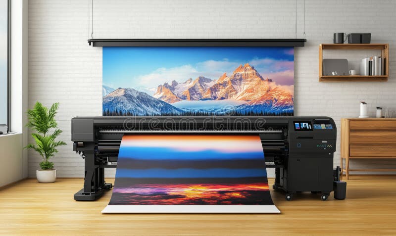Large Format Printer in Modern Workspace with Stunning Mountain ...