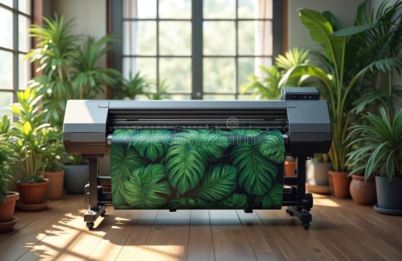 Large Format Printer Prints Big Tropical Leaves Pattern. Commercial ...