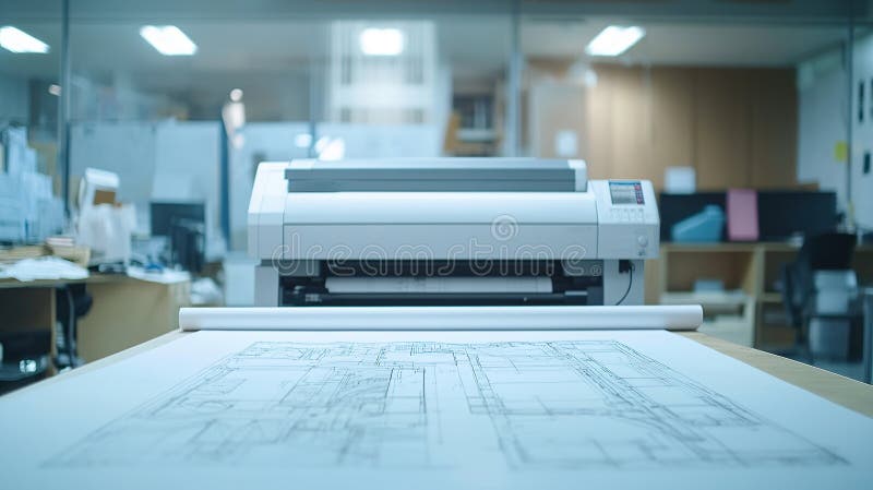 Large Format Printer Printing Blueprints in Modern Office Stock ...
