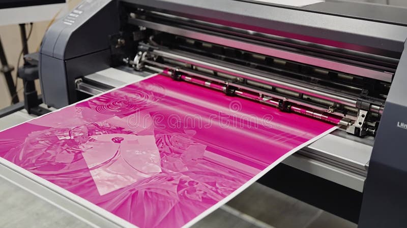 Large Format Printer Producing a Vibrant Pink Sheet with Intricate ...
