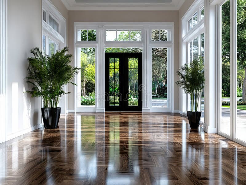 A Large Foyer with Hardwood Floors and Large Windows Stock Photo ...