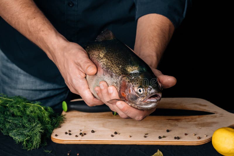 Large Fresh Fish in the Kitchen in the Hands of the Chef Stock Image ...