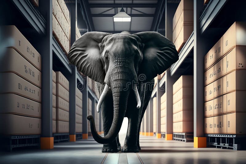 Large Front Facing Elephant Inside a Modern Warehouse Full of Boxes ...