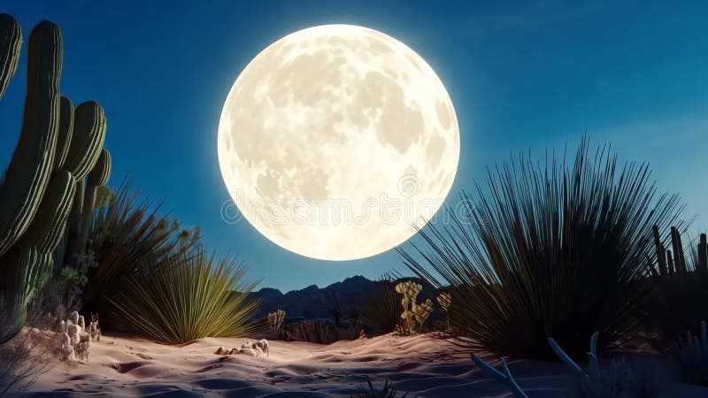 Bright Full Moon Illuminating a Desert Landscape with Cacti and Plants ...