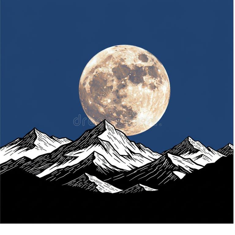 A Large Full Moon Dominates the Sky Above a Stylized Mountain Range ...