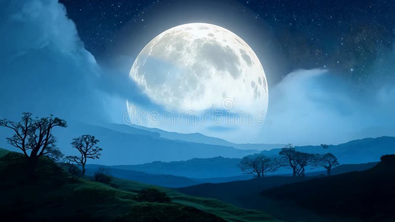 A Large, Full Moon Illuminates a Landscape of Rolling Hills and ...