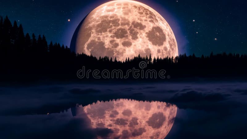 Beautiful Full Moon Reflecting on a River Under a Starry Night Sky Over ...