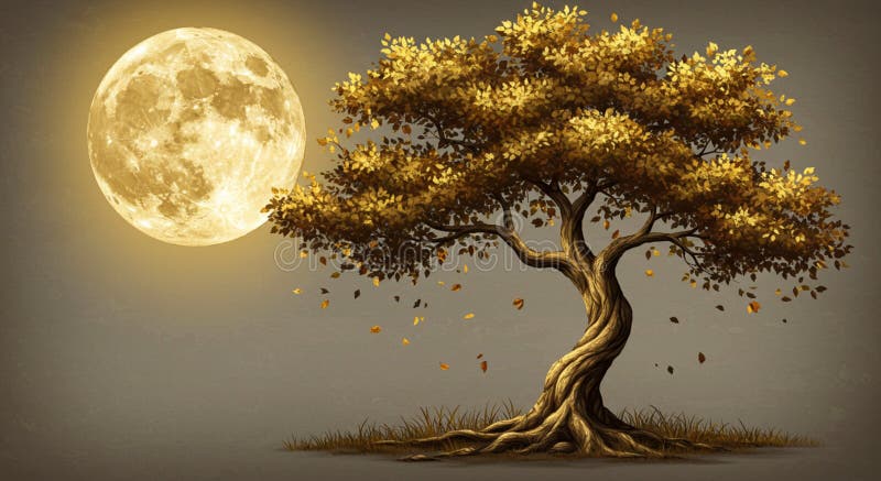 A Large, Full Moon Illuminates a Tree with a Twisted Trunk and Dense ...