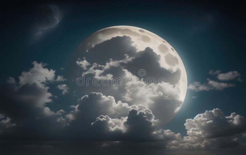 A Large, Full Moon in the Night Sky among the Clouds Stock Illustration ...