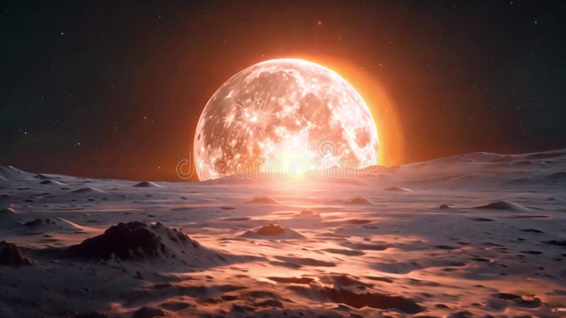 A Large, Full Moon Rises Over the Desolate, Cratered Surface of the ...