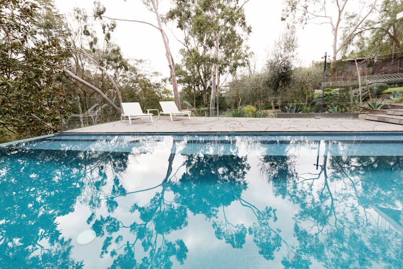 Large Fully Tiled Swimming Pool with Bush Block Reflections Stock Image ...