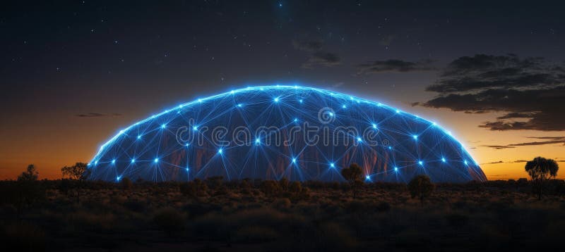 Large Futuristic Geodesic Dome Glowing with Digital Network at Sunset ...