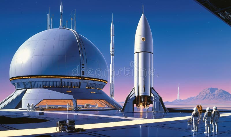 A Large, Futuristic Rocket Stands Ready for Launch on a Desolate Planet ...
