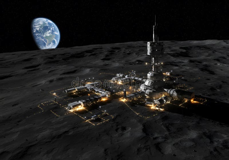 Lunar Space Station Complex Stock Illustration - Illustration of ...