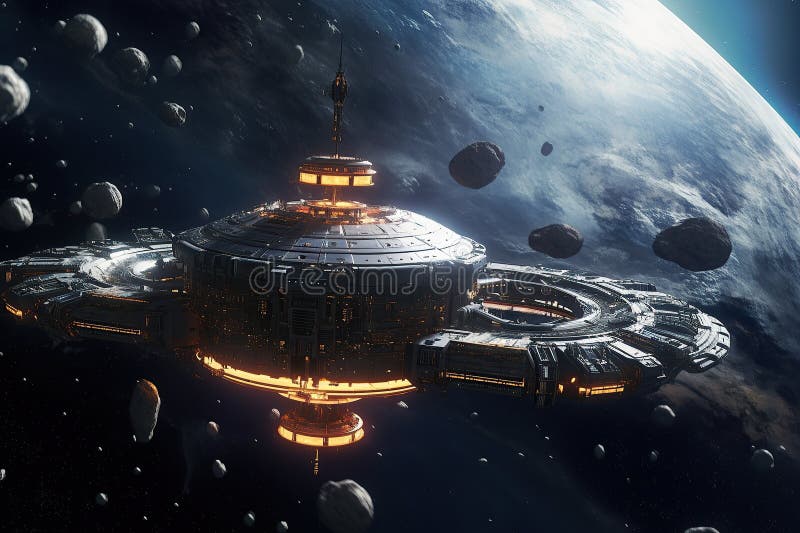 Futuristic Spaceship Orbiting Planet in Deep Space with Asteroids Stock ...