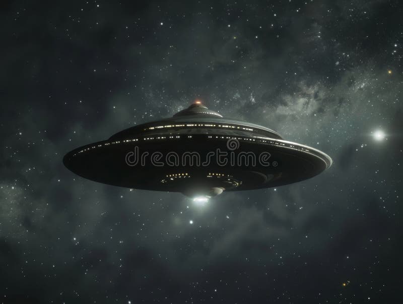 A Large, Futuristic UFO Spaceship Hovering in Deep Space, Surrounded by ...