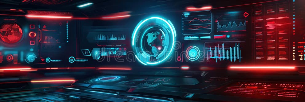 Large Futuristic User Interface with Neon Radial Graphic Plus Bright ...