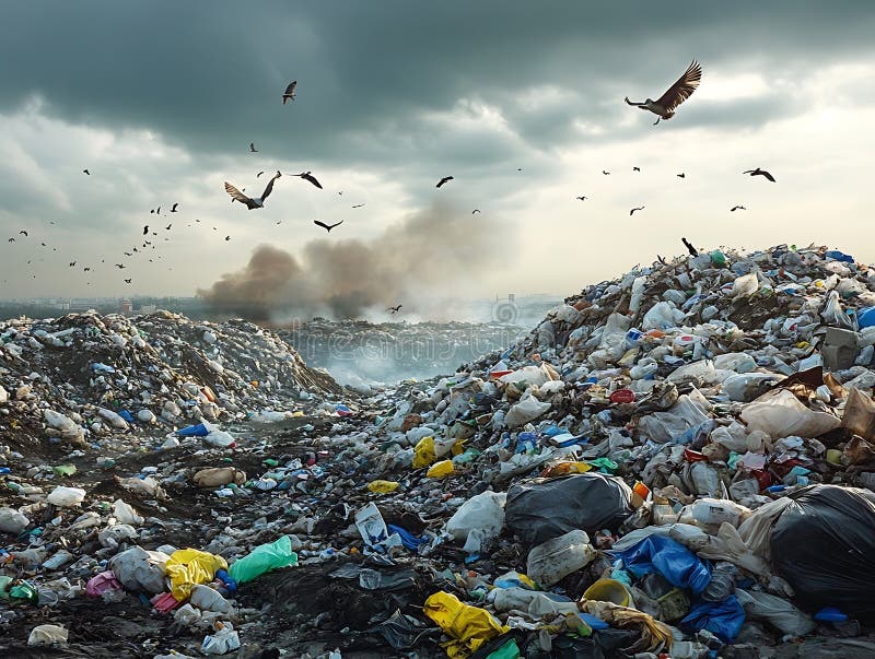 Large Garbage Dump with Plastic Waste, Birds Flying, and Smoke in the ...