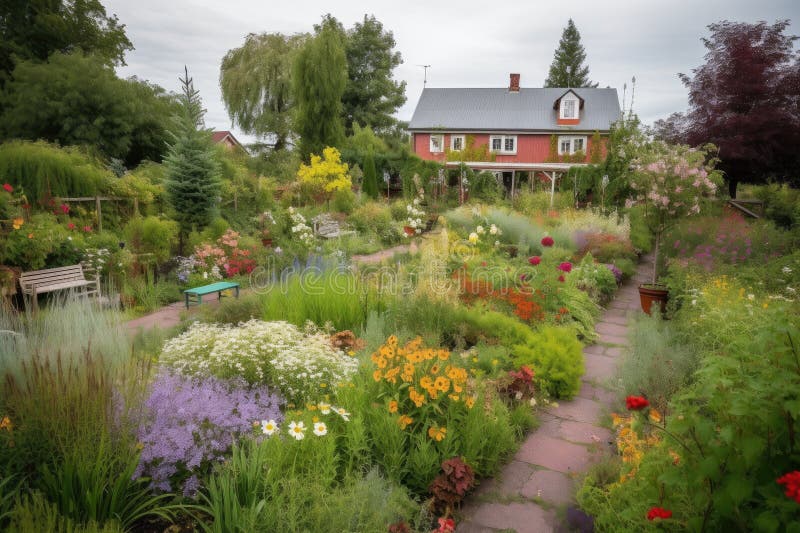 Large Garden, with Different Plants in Bloom, Creating Colorful and ...