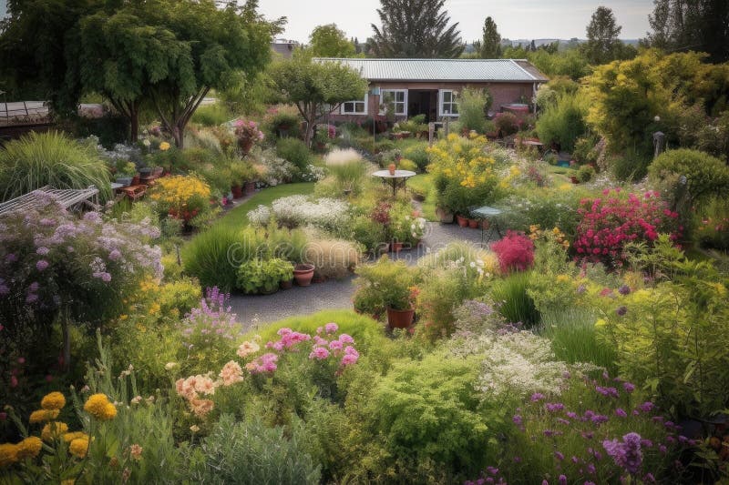 Large Garden, with Different Plants in Bloom, Creating Colorful and ...