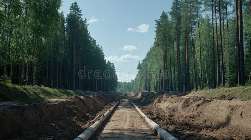 Large Gas Pipeline Being Installed in the Forest, Surrounded by Earth ...