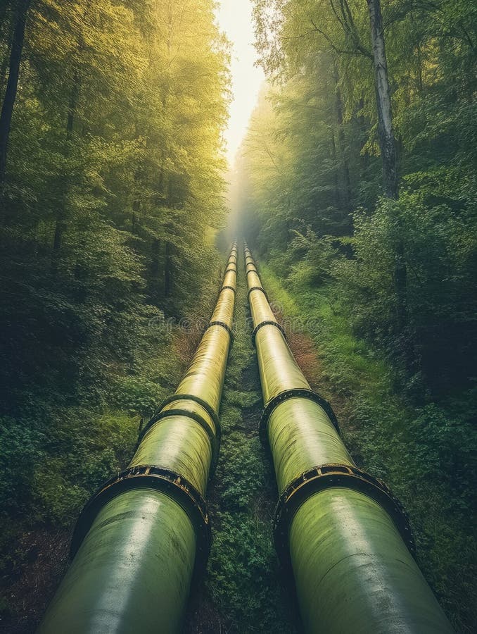Gas Pipelines Extending through a Vibrant Green Forest in the Early ...