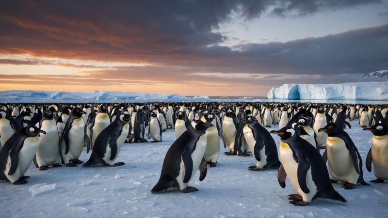 A Large Gathering of Emperor Penguins on Icy Terrain Under a Dramatic ...