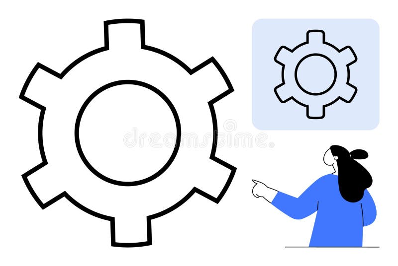 Large Gear Icon with Smaller Gear Representation and Pointing Character ...