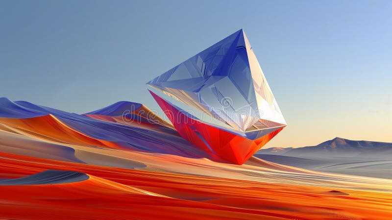 Large Geometric Crystal Structure Over Red and Blue Sand Dunes Stock ...