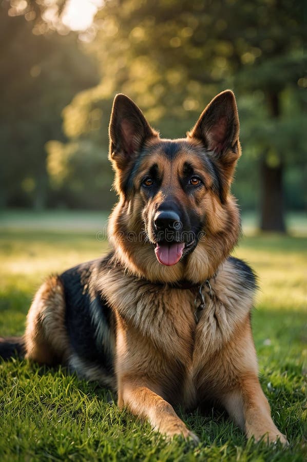 A Large German Shepherd Dog is Laying on the Grass in a Park Stock ...