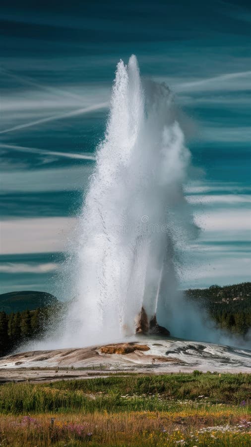 A Large Geyser Erupting from a Field of Grass and Flowers, AI Stock ...