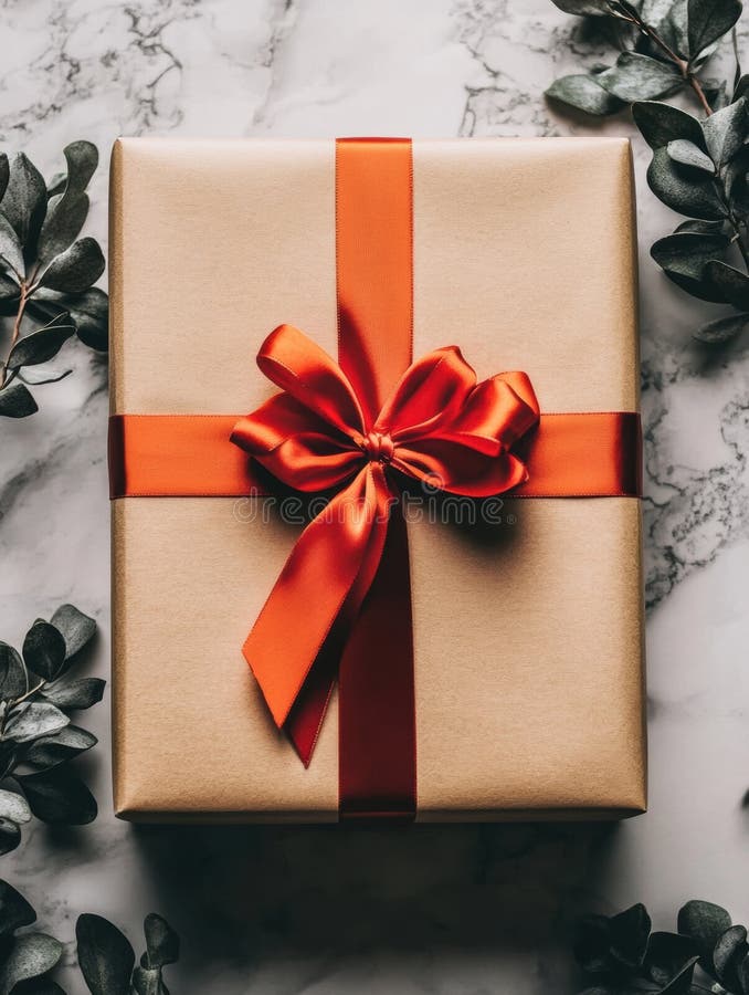 The Large Gift Box Features Neutral Wrapping and a Bright Orange Bow ...