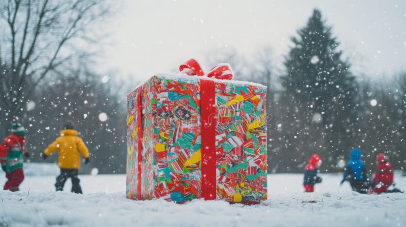A Large Gift Box in the Snow with Children Playing in the Background ...