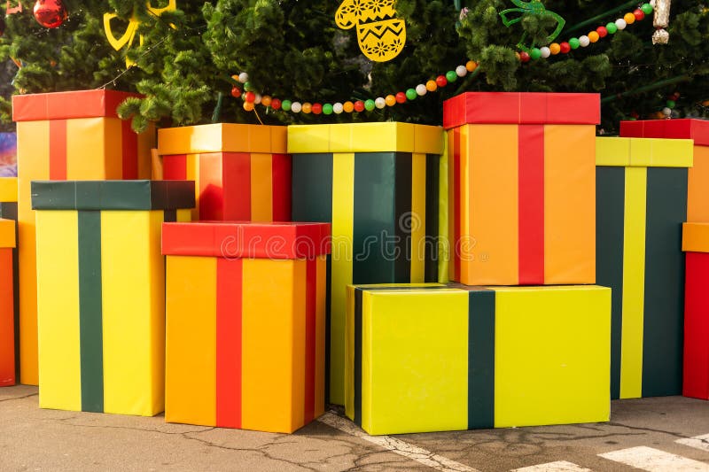 Large Gift Boxes with Bows in the Town Square. Christmas Street Decor ...